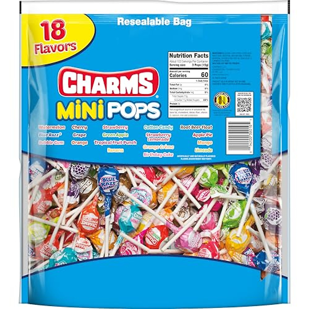 Tootsie Roll Charms Mini Pops, 18 Flavors, Individually Wrapped, Peanut Free, Gluten Free, 300 Count, 1-Pack