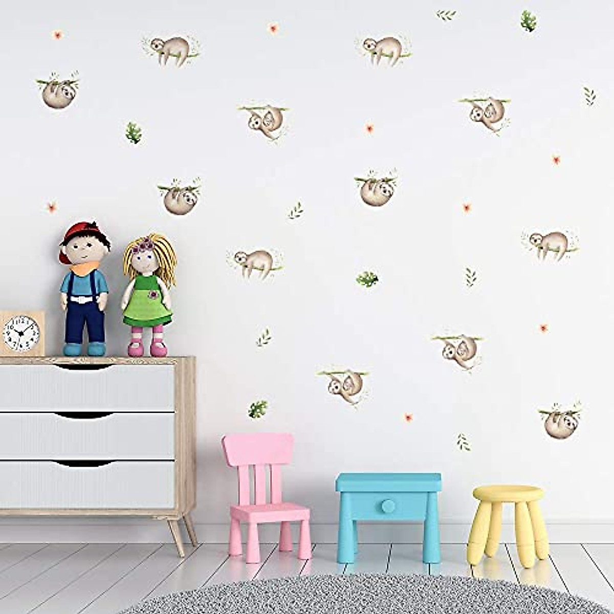 funlife 60 PCS Sloth Wall Decals Peel and Stick, PVC Woodland Animals Wall Stickers, Nursery Wall Décor Stickers for Kids Room Playroom Classroom Girls Bedroom
