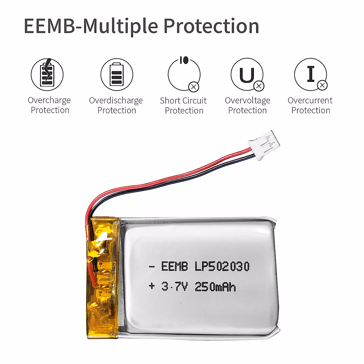 EEMB Lithium Polymer Battery 3.7V 250mAh 502030 Lipo Rechargeable Battery Pack with Wire JST 2.0mm Connector for VXI Blue Parrott- Confirm Device & Connector Polarity Before Purchase