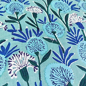 Craftbot Hand Block Print Fabric by The Yard - PRECUT 1 Yard 42 Inch Width - 100% Cotton Material - Aqua and Blue Floral Pattern - Light Weight Indian Cloth for Making Summer Dress Tops Project etc