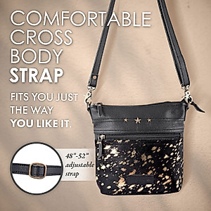 SIXTEASE Crossbody Bag for Women Vintage Style Genuine Leather, Upcycled Canvas, Rug, or Hair On - Cross Body Womens Bags with Inside Zipper Pockets - Black