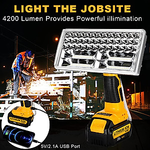 Philophca for Dewalt Light 20V Max Li-ion Battery, 40W 4200LM Floodlight Spotlight with USB Port, Zinc Alloy 110 Degree Pivoting Head, Flashlight LED Work Light for Emergency Power Outage, Camping