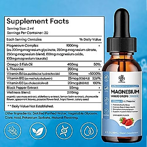 Magnesium Glycinate Liquid Drop with Citrate, Oxide and Taurate, Calm Magnesium with Omega3, L-Theanine, D3, B6, B12 for Calm, Sleep, Leg Cramps, Muscles, Energy, Sugar-Free Strawberry Flavor, 2 Fl Oz