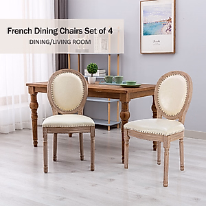 Nrizc French Country Dining Chairs Set of 4, Leather Farmhouse Dining Room Chairs with Round Back, Solid Wood Legs, Oval Side Chairs for Kitchen/Bedroom/Dining Room
