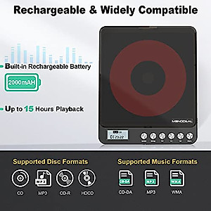 Portable CD Player with Built-in Speakers, MONODEAL Rechargeable CD Player for Car and Personal Use, Small Anti-Skip CD Player with Dual Headphone Jacks (Black)