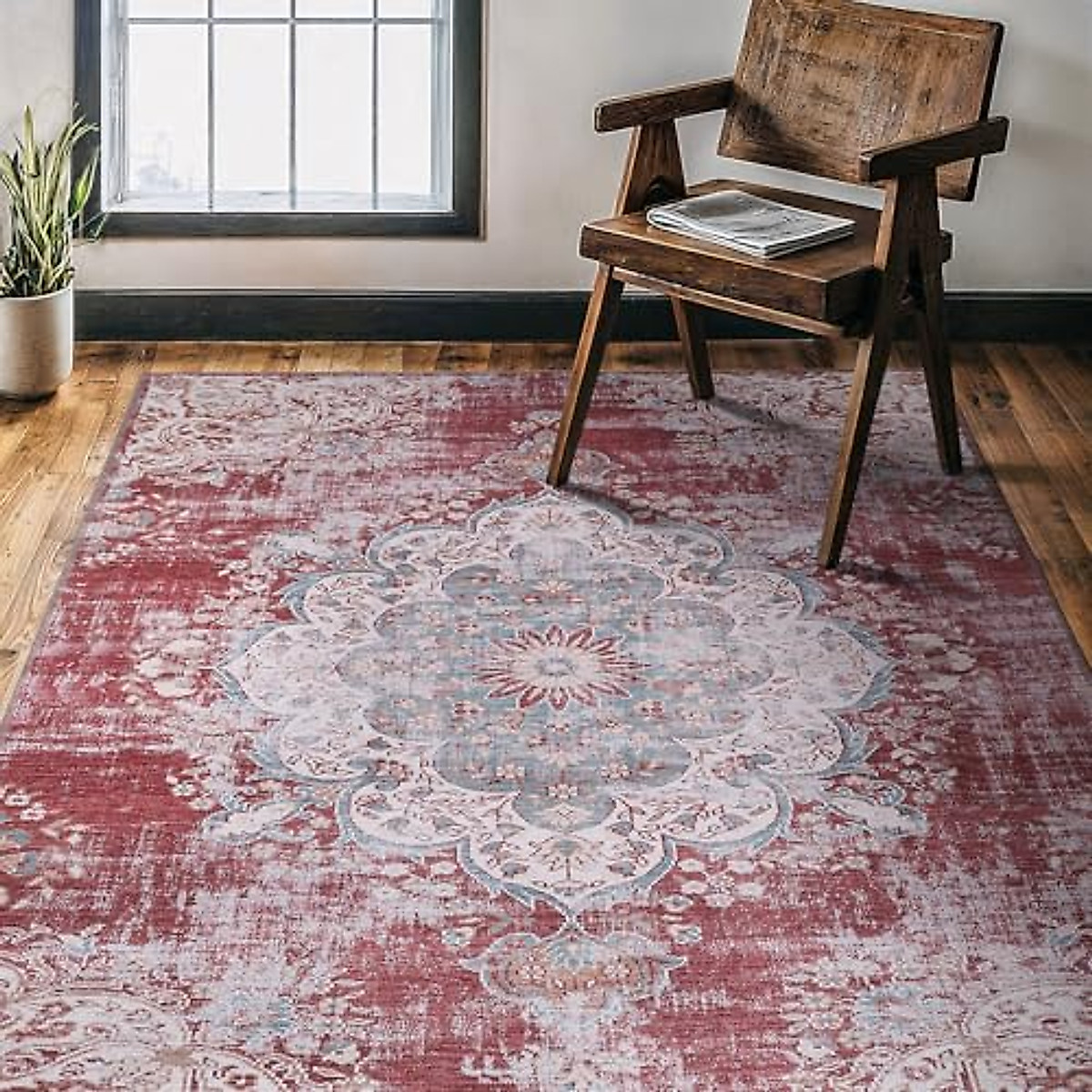 CAMILSON Printed Area Rugs with Ultra Thin Super Strong for Living Room Bedroom, Distressed Vintage Rug 5x7, Stain and Water Resistant, Bohemian Indoor Carpet (5 x 7, Rust Red)