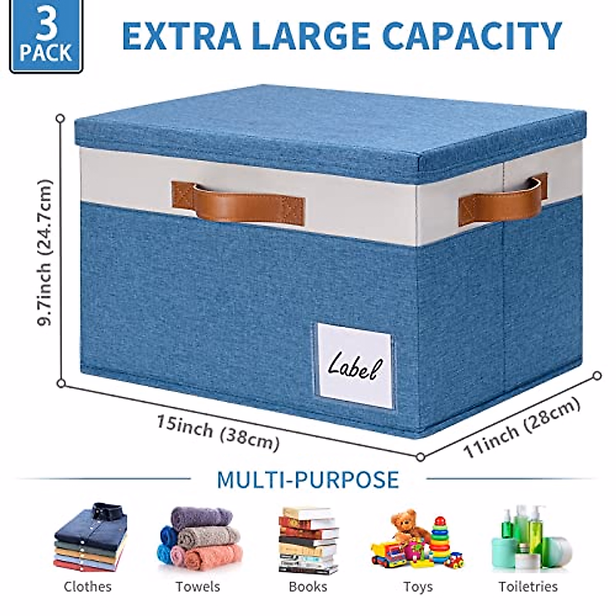 GhvyenntteS Fabric Storage Bins with Lid (6-Pack) Large Closet Storage Bins with Lid and 3 PU Handles, Foldable Fabric Storage Boxes with Label Window for Home Bedroom Office (Grey & Blue, Large)