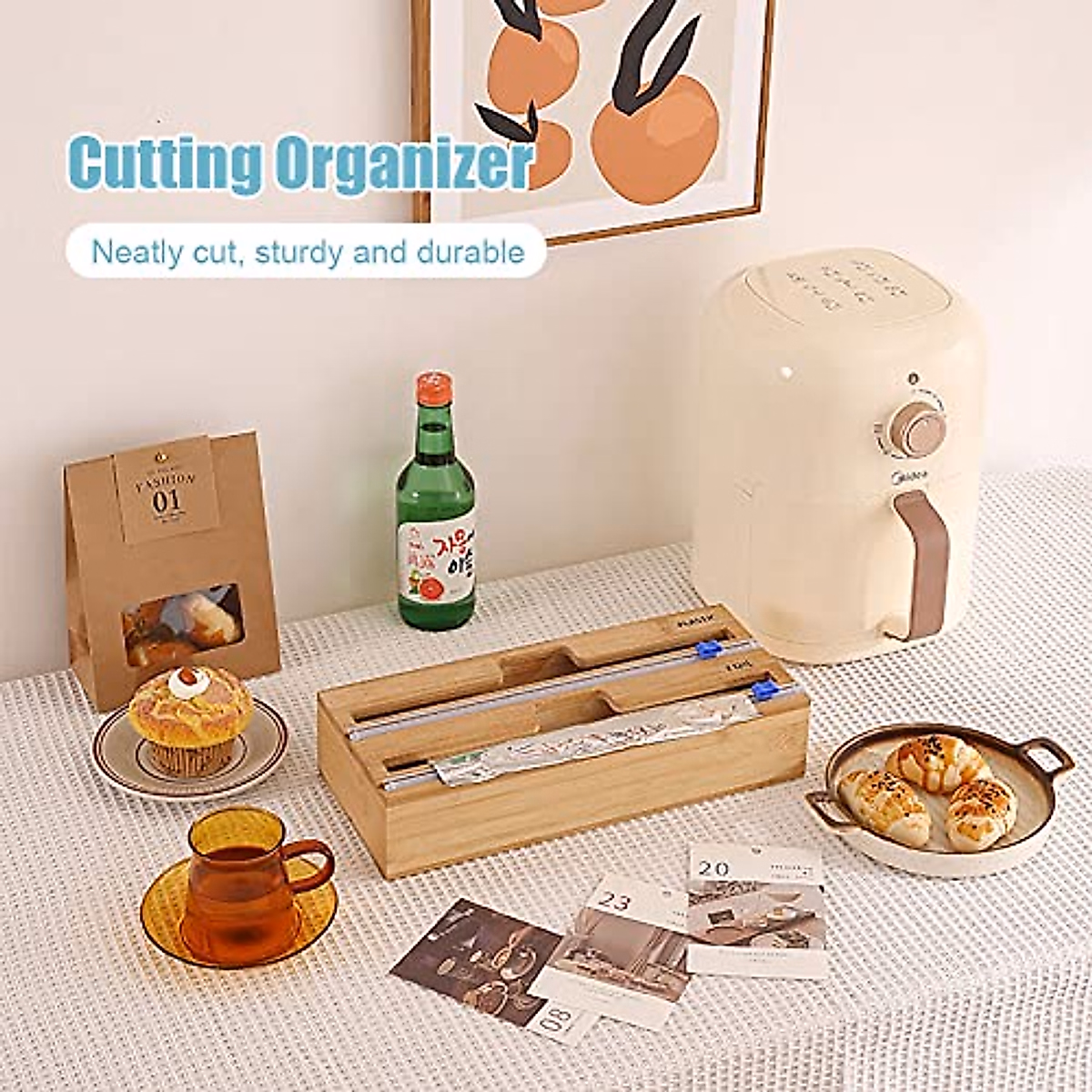 Plastics Wrap Dispenser with Slide Cutter,Kitchen Drawer Wood Storage Dispenser for Aluminum Foil,Cling Film,Tin Foil,Wax Paper.Foil and Plastic Storage Organizer(2 Slot).