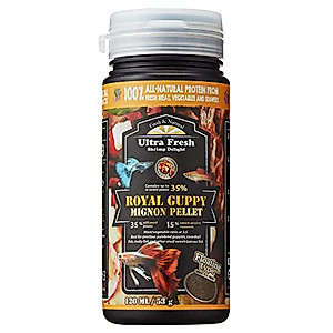 Ultra Fresh Royal Guppy Mignon Pellet, All Natural Guppy Food, Sword Prawns, Spirulina, Highly Nutritious, for Cleaner Water and More Vibrant Color 1.87 oz