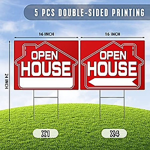 Open House Signs (5 Pack), 16" x 12" Double-Sided Yard Signs with Metal H Stakes，Open House Real Estate Signs, Property Sale Directional Arrows Signs,WEATHER-PROOF ((5 Pack))