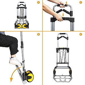 Mouzor Folding Hand Truck Dolly Cart, 264 Lb Capacity Aluminum Heavy Duty Portable and Foldable Luggage Trolley Cart with Telescoping Handle and Rubber Wheels