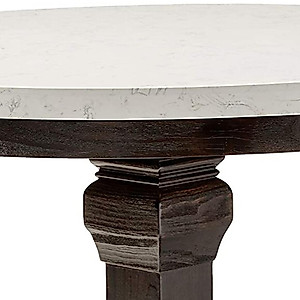 Benjara Dining Table with Marble Top and Pedestal Base, White and Gray