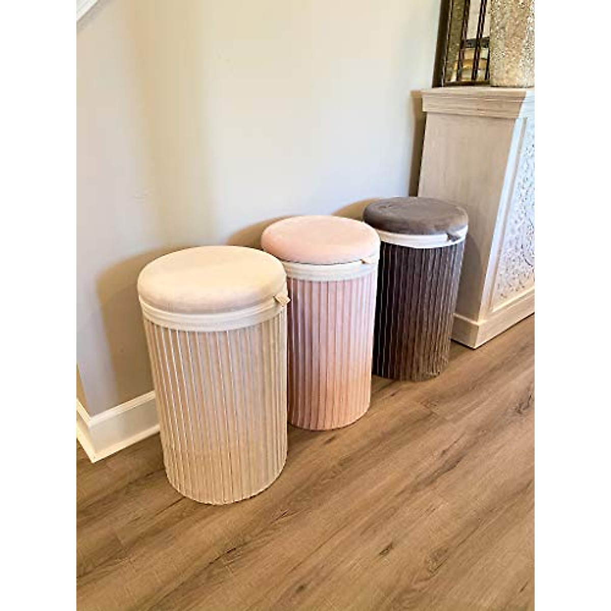 Inspire Me! Home Décor Lydia Round, Pleated Pewter Grey Soft Velvet Removable Washable Bag, 14 Dia x 24 in, Gorgeous and Classy Laundry or Storage Hamper