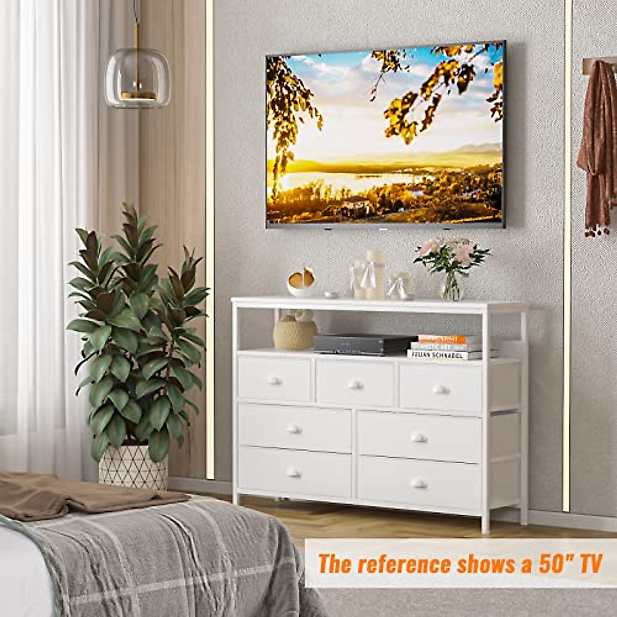 Furologee White TV Console Table, TV Stand with 7 Storage Drawer, Sofa Table with 2-Tier Shelves, Entertainment Center for 45" TV, Storage Fabric Drawer Unit for Bedroom, Living Room, Entryway