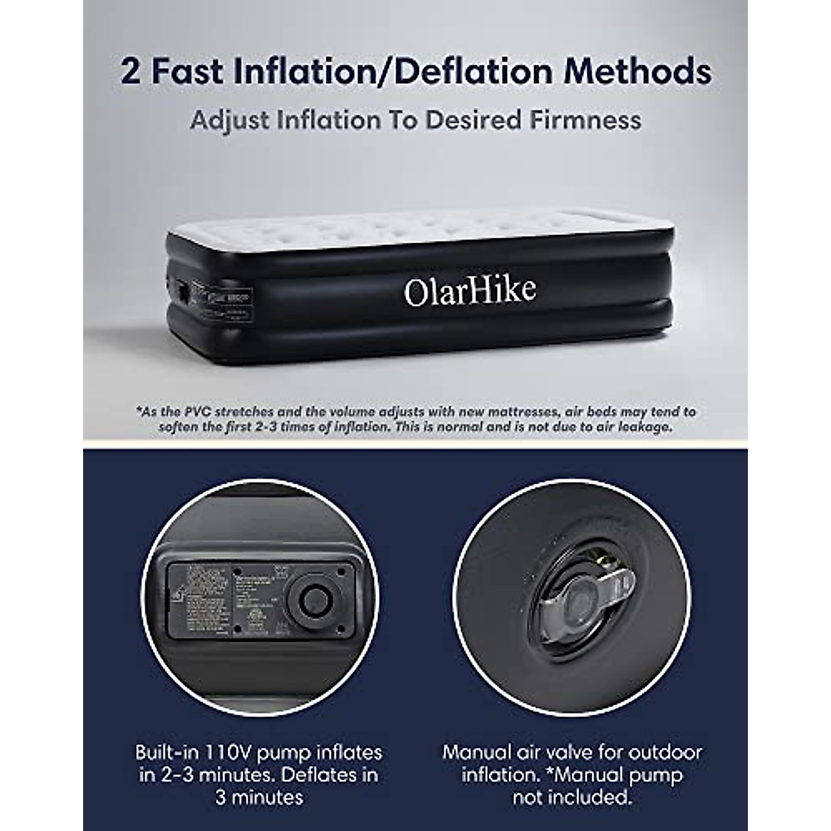 OlarHike Inflatable Twin Air Mattress with Built in Pump,18"Elevated Durable Air Mattresses for Camping,Home&Guests,Fast&Easy Inflation/Deflation Airbed,Black Double Blow up Bed,Travel Cushion,Indoor