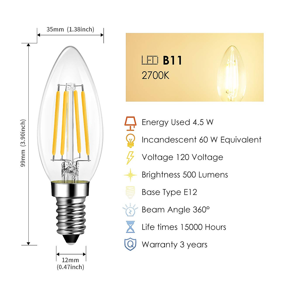 LVWIT B11 LED Edison Filament Bulb Dimmable 60W Equivalent, E12 Candelabra Base 2700K Warm White Candle Light Bulb, UL-Listed (6 Pack)