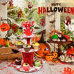 Sliner 3 Tier Halloween Bloody Cupcake Stand Party Decorations Bloody Handprint Cupcake Holder Halloween Bloody Help Cake Holder Bloody Theme Dessert Stand for Halloween Horror Scary Party Supplies