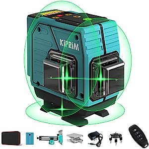 Kiprim 3x360° Green Laser Level Self-Leveling Tool 100ft for Construction Adjustbable Brightness, Remote Controller, Magnetic Rotating Stand,Portable Bag and Adapter Included