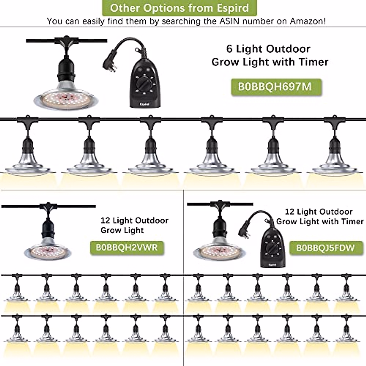 Espird Outdoor Grow Light, Greenhouse String Grow Light, Waterproof Plant Growing Lamps, UL Certified LED Grow Lights for Greenhouse Garden, 21.3FT Full Spectrum Grow Light for Veg Seedling Flower