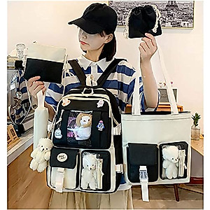 LIEEI Kawaii Backpack 5Pcs Set Cute Backpack Aesthetic Large School Bags with Pendants and Pins, Pen Case, Tote Bag, Small Bag (Black)
