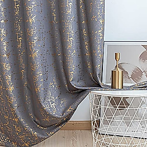 Taisier Home Gold Foil Print Linen Textured Curtains Geometric Dots Pattern Design Curtains for Bedroom Living Room Thermal Insulated Window Treatment 2 Panels 84" L,Soft Grey and Gold Curtains Print