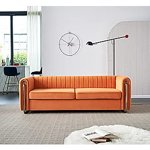 Melpomene Vertical Channel Tufted Velvet Sofa with Round Arm and Gold Metal Legs,Armrest 84.25" W（Orange）