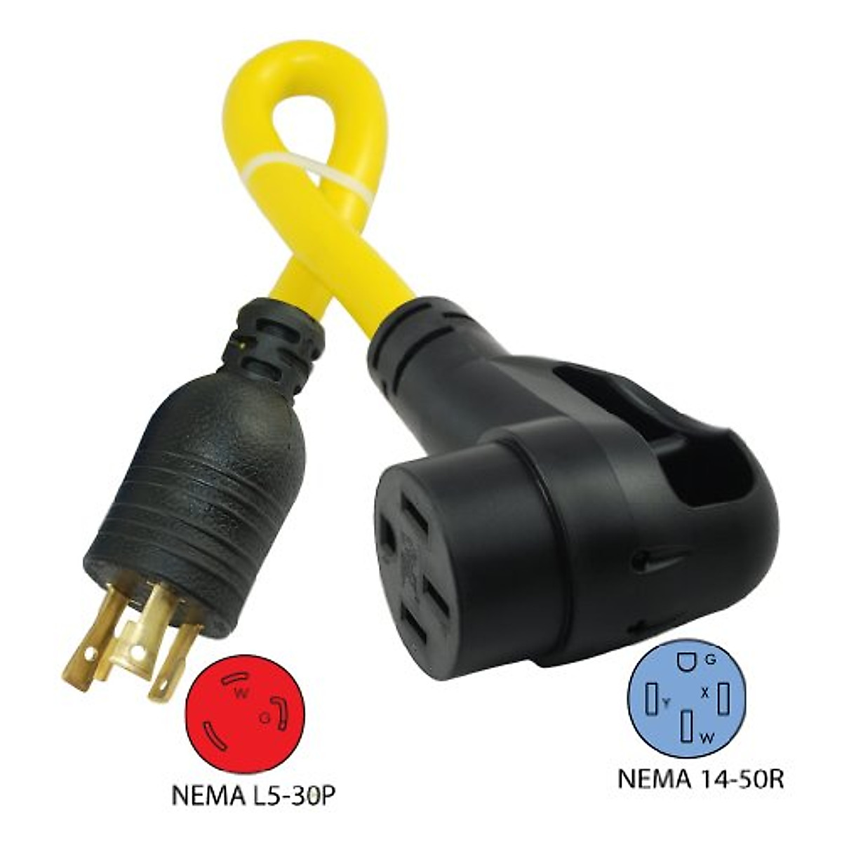 Conntek 15873 1.5-Feet, 30-Amp RV Generator Adapter for Model L5-30P Locking Plug to RV 50-Amp Ergo Grip Connector with Power Indicator