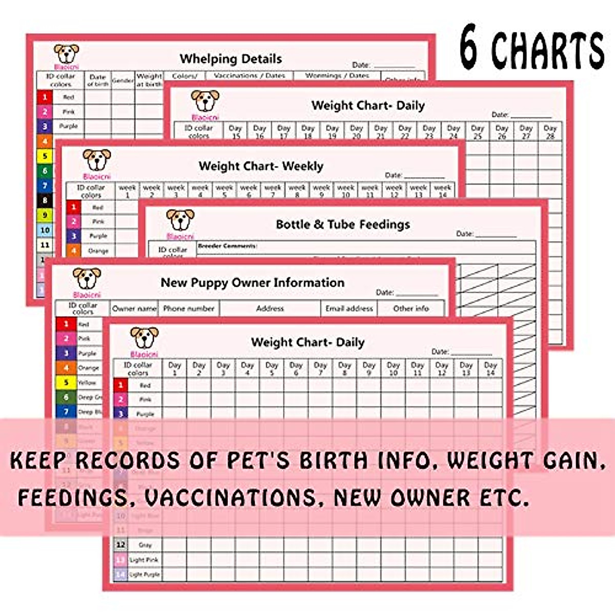 Puppy ID Collar Identification Soft Nylon Adjustable Breakaway Safety Whelping Litter Collars for Newborn Pets with Record Keeping Charts 12pcs/Set (S)
