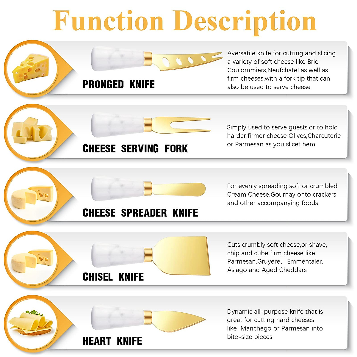 10 Pcs Gold Cheese Knife Set with Ceramic Marble Handle White Cheese Knife Spreader Set Charcuterie Utensils Stainless Steel Marble Knife Set Butter Spatula Knives Cutter Slicer Fork for Wedding Party