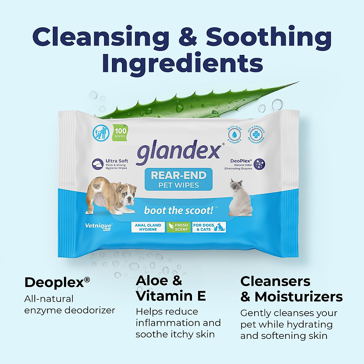 Vetnique Labs Glandex Dog Wipes for Pets Cleansing & Deodorizing Anal Gland Hygienic Dog & Cat Wipes with Vitamin E, Skin Conditioners and Aloe (100ct Pouch)