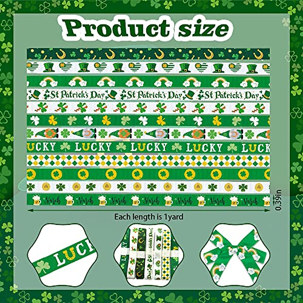 ALIBBON 12 Yards 3/8" St. Patrick's Day Ribbon Green Ribbons for St. Patrick's Day Decor, Irish Shamrock Grosgrain Ribbon for St. Patrick's Day Parade Gift Wrapping Bows Crafting Supplies