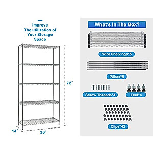 BIQWBIC 5 Tier Wire Shelving Unit Storage Rack, Metal Adjustable Storage Shelves for Bathroom Laundry Room, Wire Standing Storage Shelf Units, 36" Lx14 Wx72 H, 1250 Lbs Capacity, Chrome