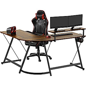 SHW Vista L-Shape Desk with Monitor Stand, Walnut