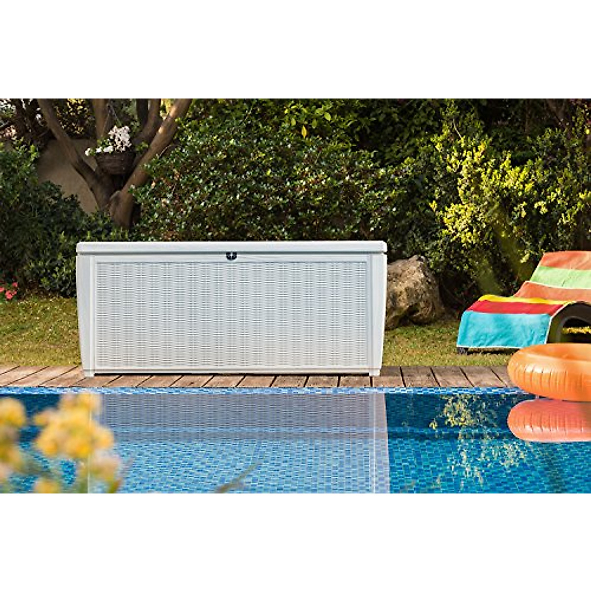 Keter Sumatra 135 Gallon Resin Rattan Look Outdoor Deck Box for Patio Furniture Cushions, Garden Tools, Toys, and Pool Storage