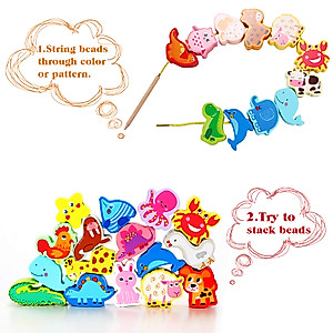 Tacobear Wooden Lacing Beads for Toddlers Montessori Threading String Toys, Dino Safari Farm Sea Animal Preschool Educational Learning Toys Christmas Birthday Gift for Kids 3 4 5 6 Year Old Boys Girls