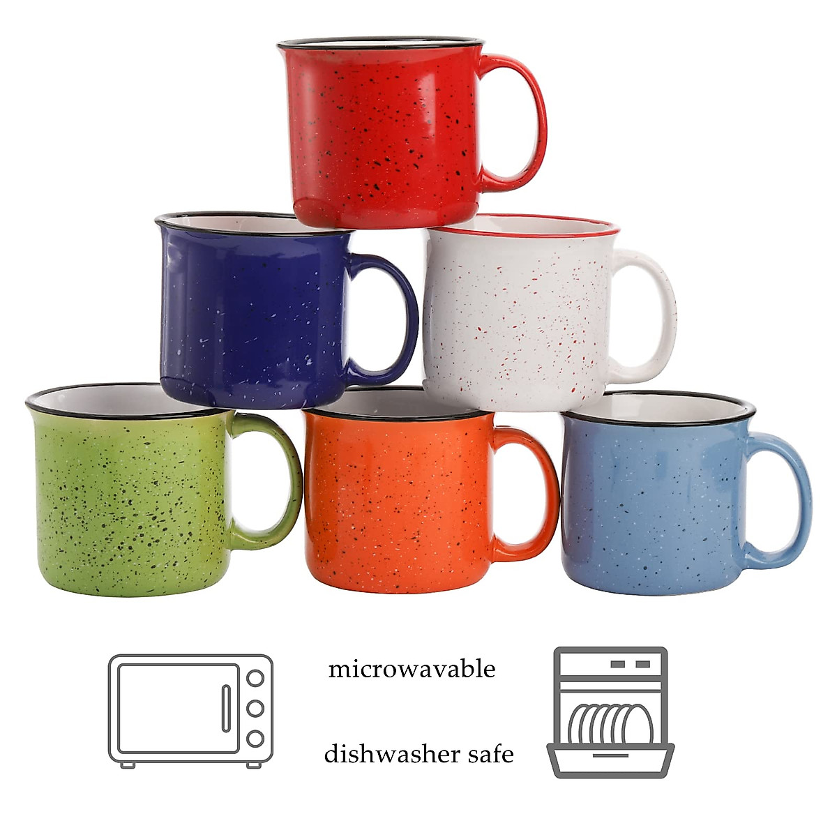 Lyellfe Set of 6 Ceramic Coffee Mugs, 15 Oz Campfire Camping Mugs, Speckled Camper Mug for Tea, Coffee and Hot Chocolate, Campfire Gift Mugs for Camper Lovers and Friends, 6 Colors