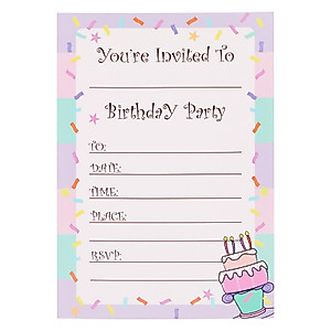 Juvale 24 Pack Birthday Invitations for Girls, Fill-In Invite Cards with Envelopes, Confetti Design (5x7 in)