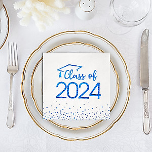 100Pcs Class of 2024 Graduation Napkins, Disposable Congrats Grad Paper Cocktail Napkins Square Foil Dot Hand Towels for 2024 School University College Graduation Party Decorations（Blue）