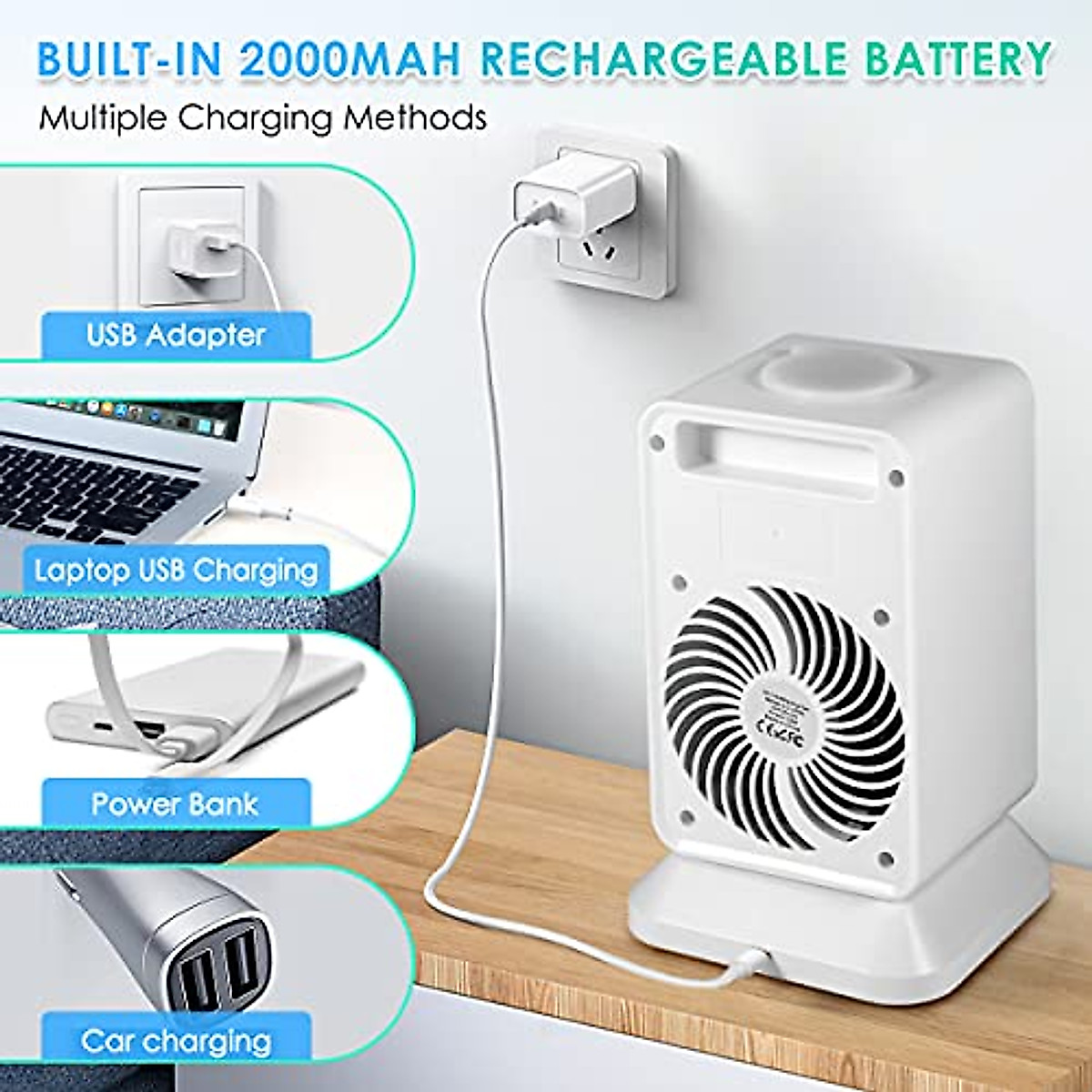 YiimDaifun Portable Air Conditioner, 2000mAh Rechargeable Atomization Fan (Timeable 2-4H), 90° Oscillation Cool Breeze Air Conditioner, Personal Space Cooler for Rooms, Offices, Campers, Indoor