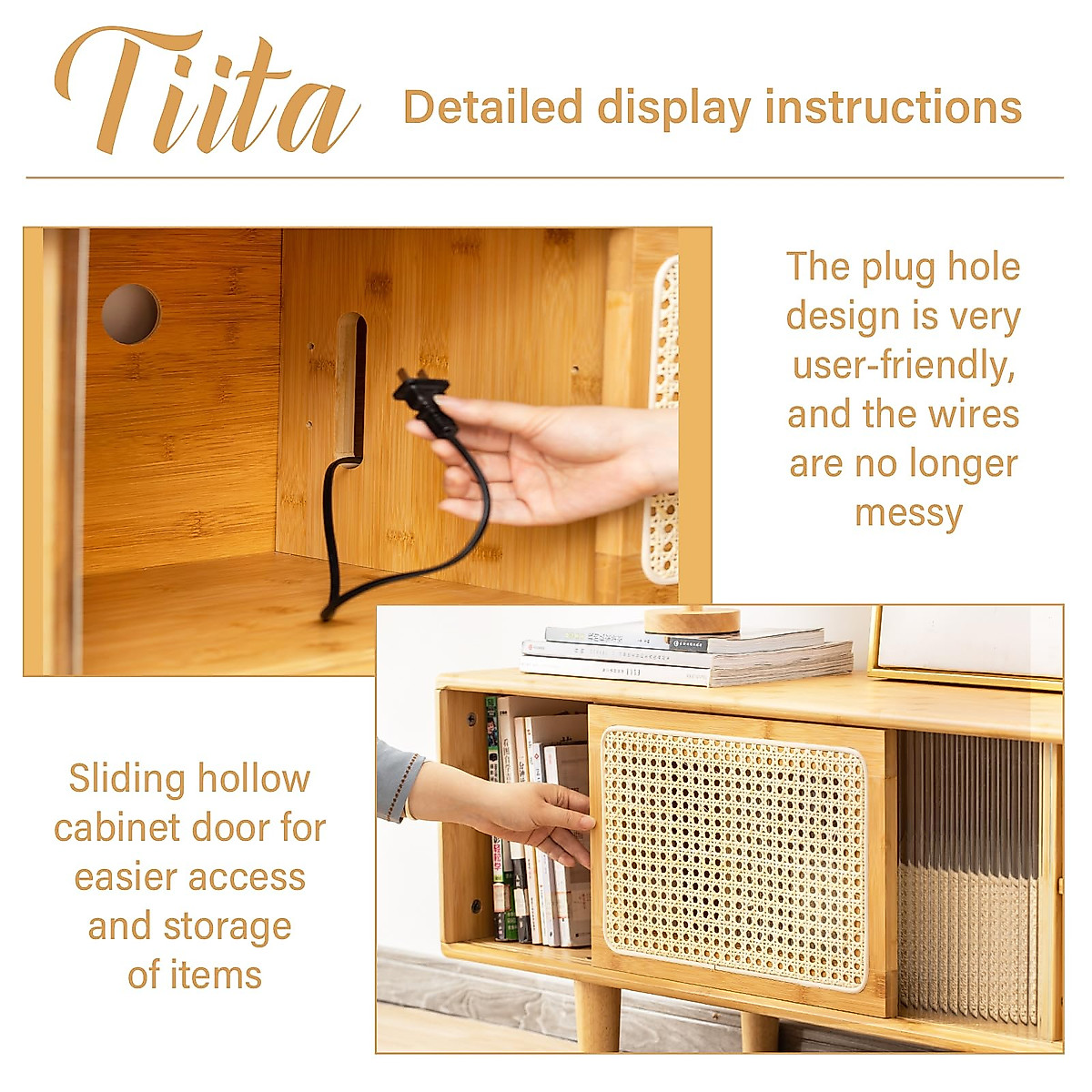 Tiita Rattan TV Stand for 55 60 Inch TV, Bamboo TV Cabinet with 2 Drawers, Boho Entertainment Center with Adjustable Shelf, Mid Century Modern Media Console for Bedroom, Living Room, Study