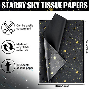 100 Sheets 20 * 14 Inches Galaxy Tissue Paper for Gift Wrapping, Black Gold Moon Star Printed Tissue Paper for Gift Bags for Birthday Christmas Baby Shower DIY Craft