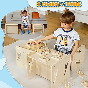 bbgroundgrm 3 Sets Toddler Table and Chair Set Solid Wooded Weaning Table and Chair Set Kids Montessori Furniture