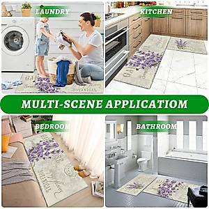 Purple Lavender Flowers Kitchen Mats for Floor Cushioned Anti Fatigue 2 Piece Set Kitchen Runner Rugs Non Skid Washable Vintage Postcard Rustic Wood