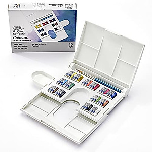 Winsor & Newton Cotman Watercolor Paint Set, Field Set, 14 Half Pan w/ Brush, Mixing Palette