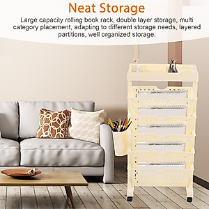 Yosoo Movable Bookshelf Cart, Rolling Utility Cart 6 Tier Large Capacity Thickened Multifunctional Rolling Book Rack Storage Trolley Rolling Bookshelf with Wheel for Deskside Living