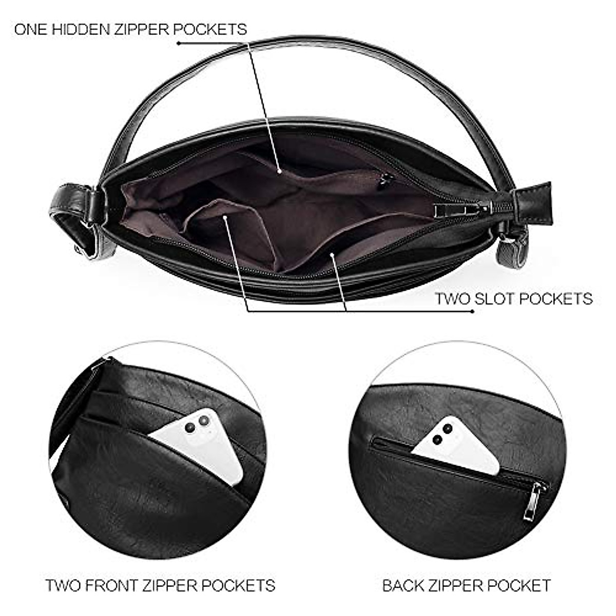 CLUCI Crossbody Bags for Women Leather Purse Travel Vacation Triple Pockets Vintage Handbags Shoulder Bags Black