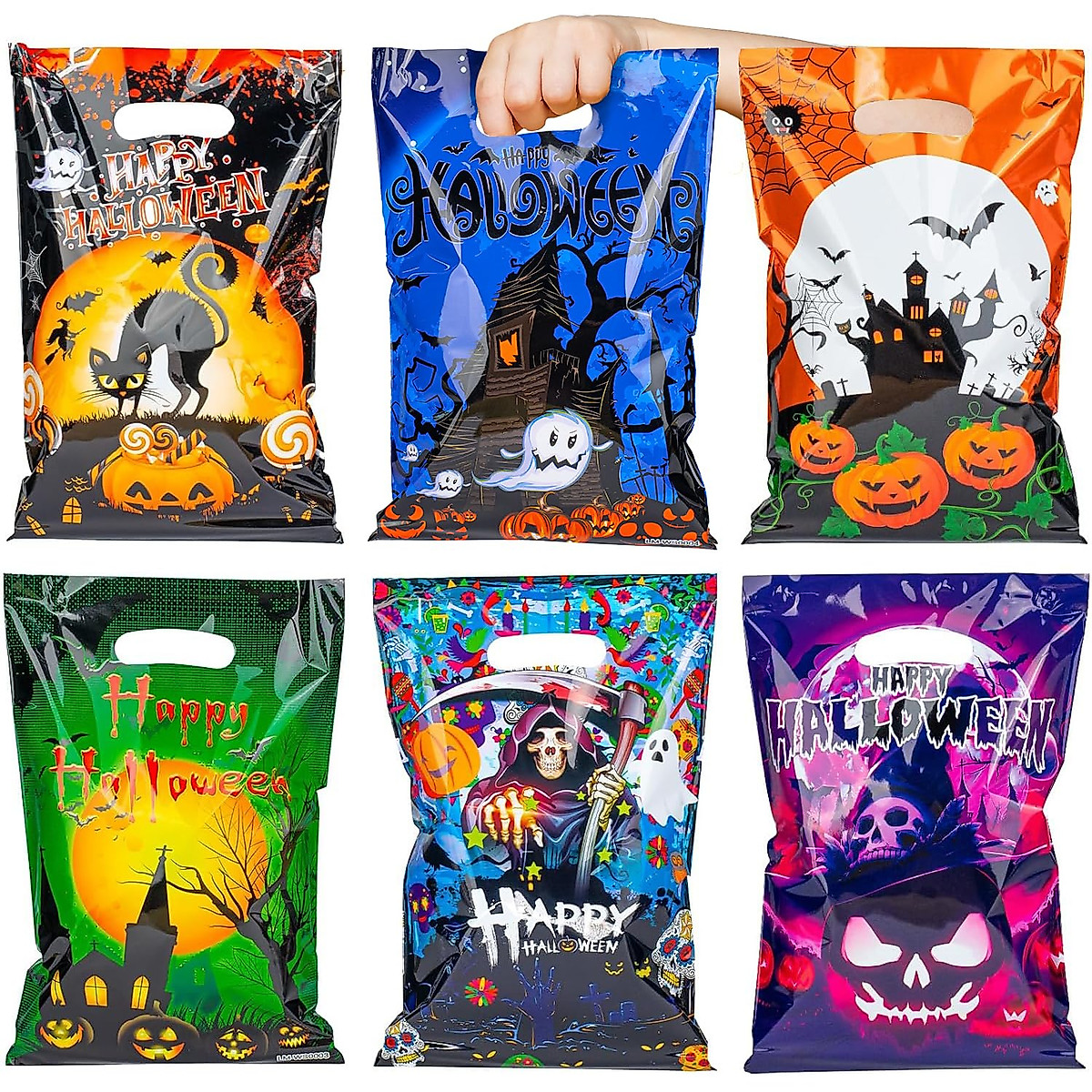 HAPMARS 60 Pcs Halloween Party Favor for Kids Candy Goody Bag, 6 Designs Plastic Trick or Treat Goodie Bags, Halloween Loot Gift Bag with Handles, Party Supplies for Girls Boys, 9.5 * 6.5 Inch