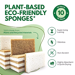 10 Pack Biodegradable Natural Kitchen Sponge - Compostable Cellulose and Coconut Walnut Scrubber Sponge - Eco Friendly Sponges for Dishes