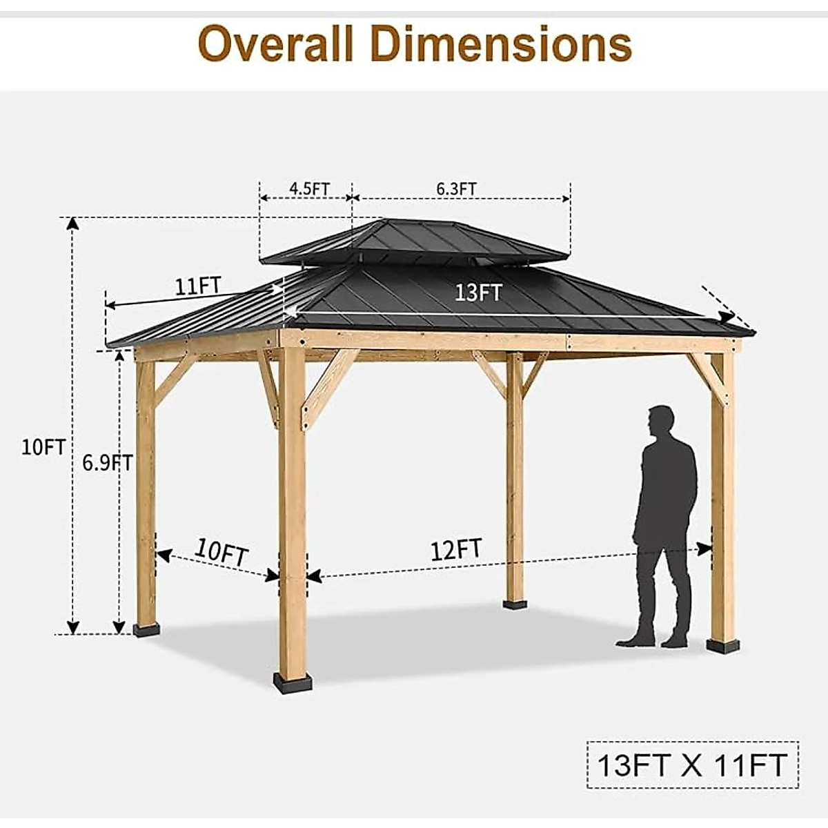 10' x 12' Hardtop Gazebo Solid Cedar Wood Gazebo with Galvanized Steel Double Roof, Outdoor Permanent Gazebo with Curtains and Netting for Patio Backyard Deck Lawn