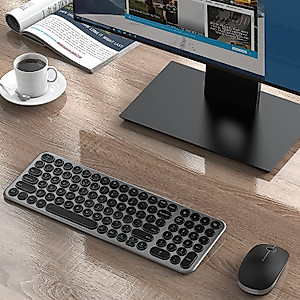 Wireless Keyboard and Mouse Combo, 2.4G Retro Computer Keyboard Mouse with Round Keys, Slim Quiet Keyboard Mouse with 2 in 1 Nano USB Receiver for for Windows, Laptop, PC, Notebook-Black Grey